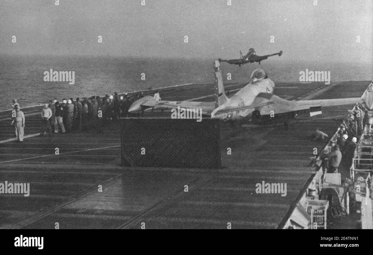 McDonnell F2H-3 Banshees of VF-71 are launched from USS Hornet (CVA-12 ...