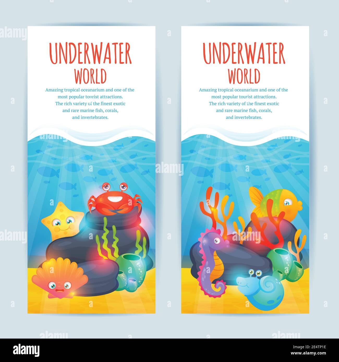 Tropical oceanarium funny sea animals vertical banners set with crab ...