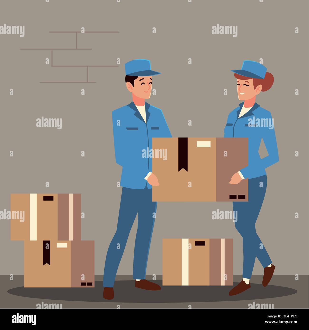 postal service postman and female workers with stack of boxes vector ...