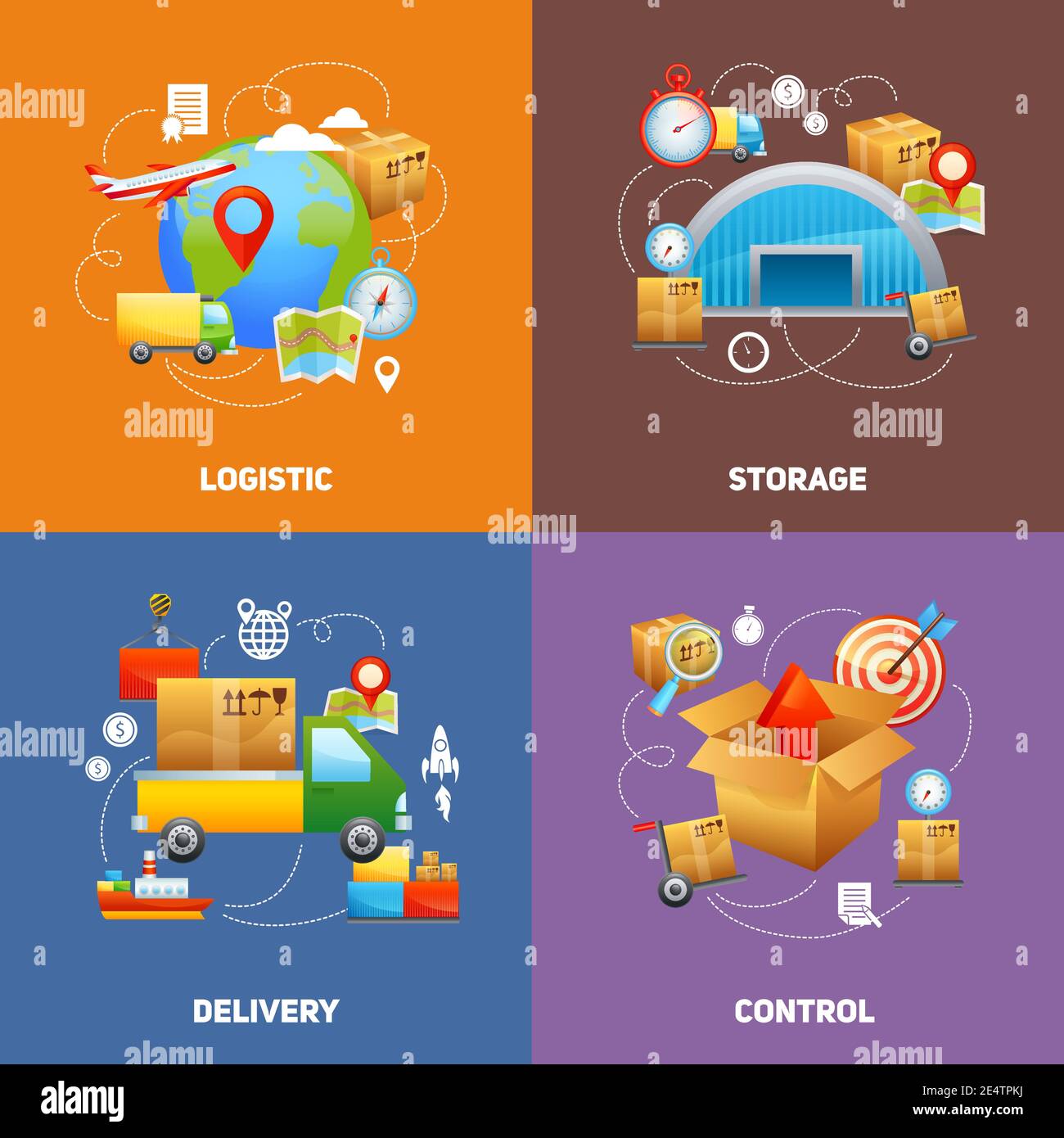 Logistics design concept set with storage delivery and control flat ...