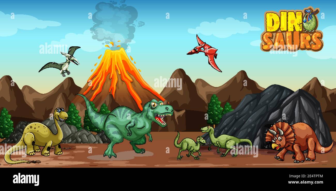 Dinosaurs cartoon character in nature scene illustration Stock Vector ...