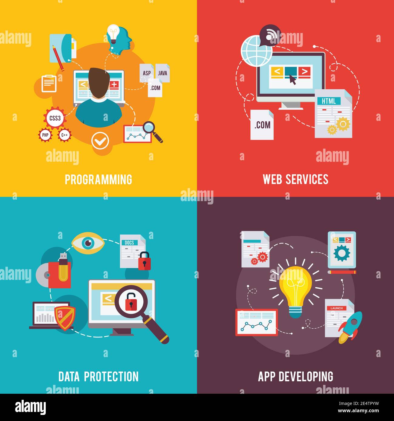 Programmer icon flat set with web services data protection app ... Programmer icon flat set with web services data protection app ...