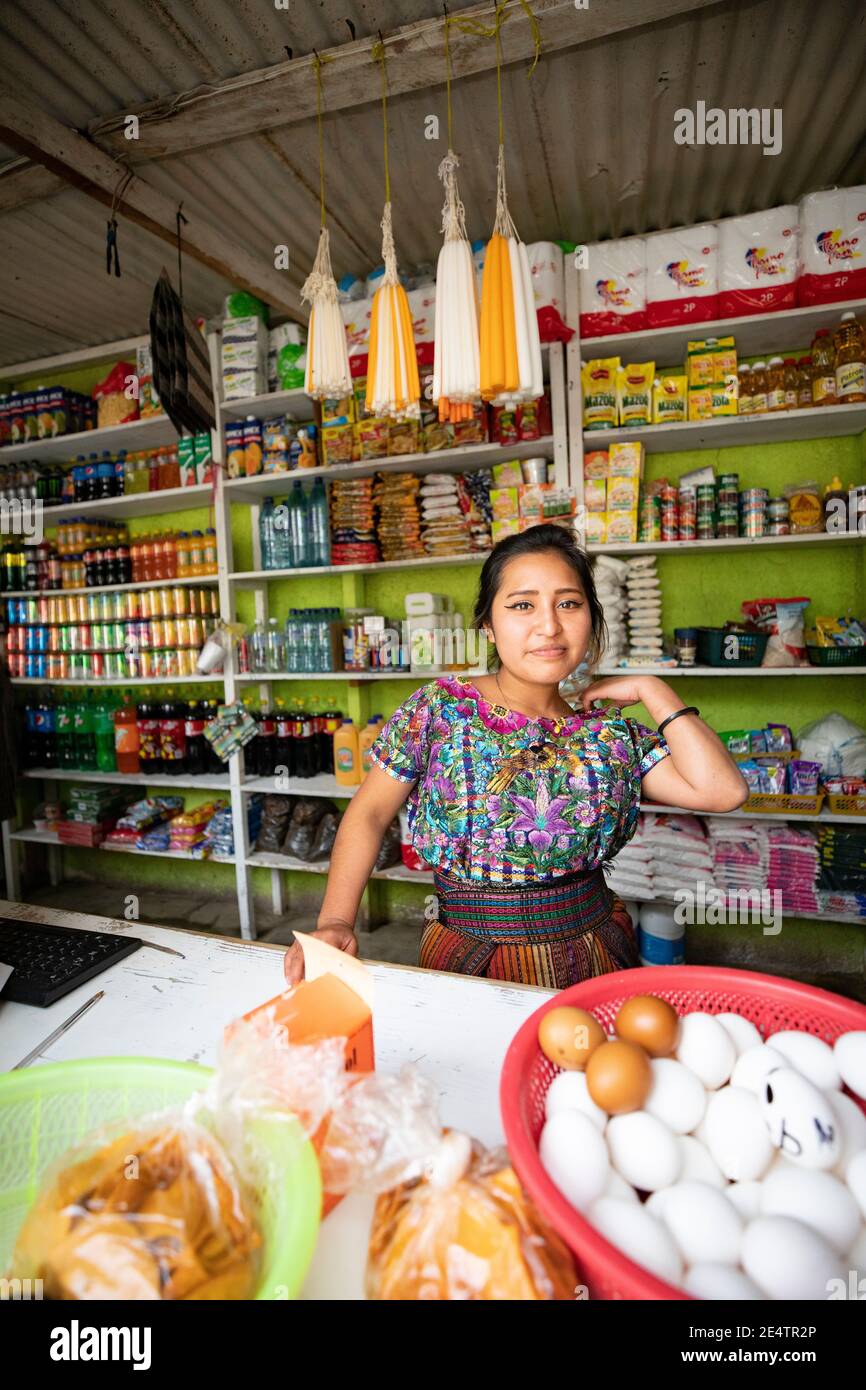 Female shop worker in San Marcos la Laguna, Guatemala, Central America ...
