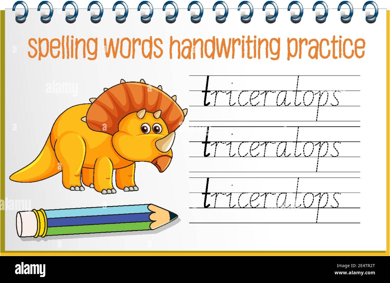 Spelling words dinosaur handwriting practice worksheet illustration ...
