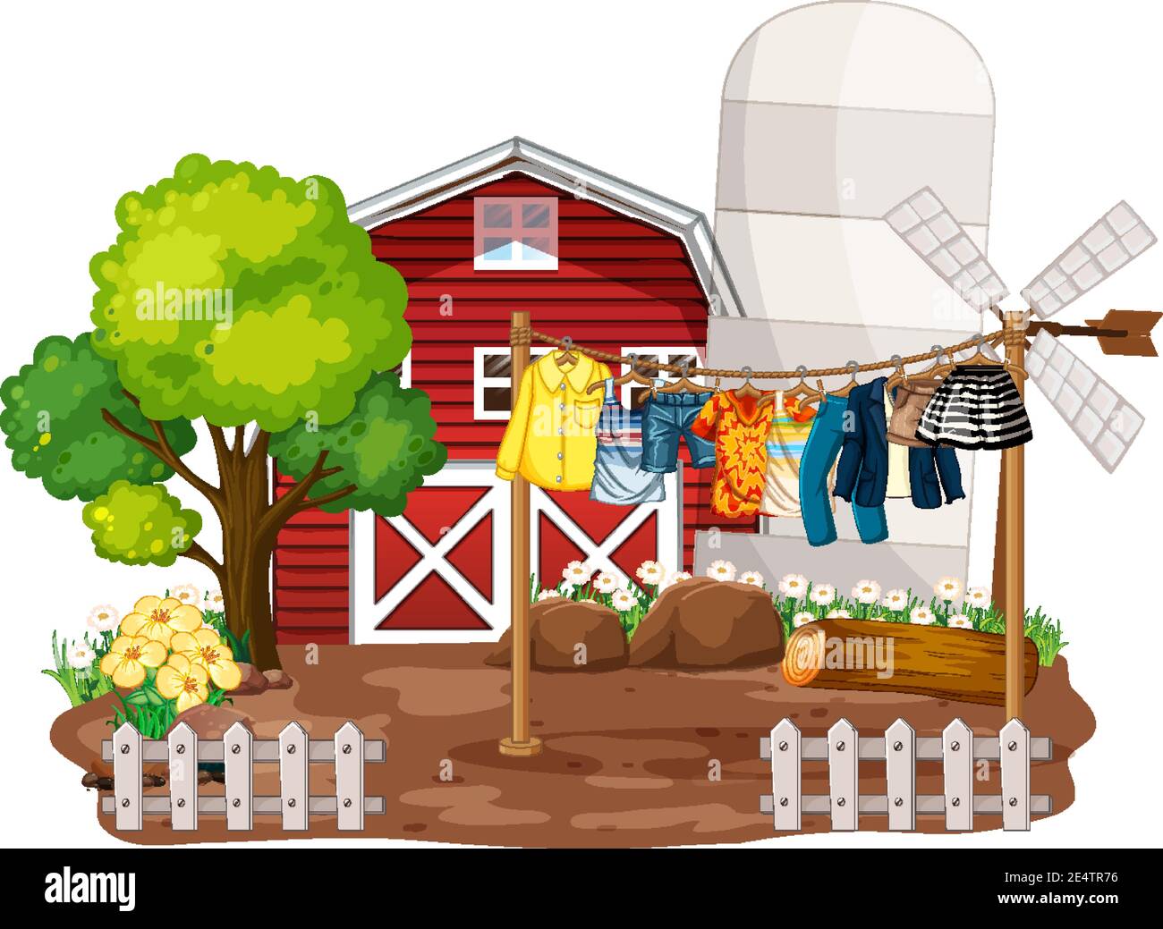 Front of house farm with clothes hanging on clotheslines illustration ...