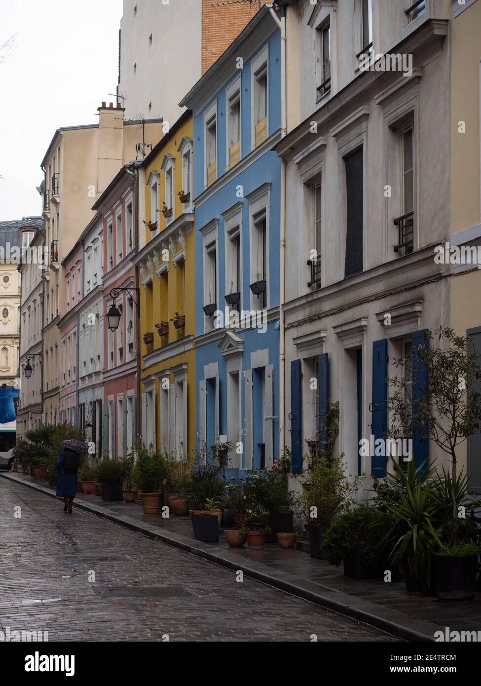 Panorama cobblestone pedestrian street view of colorful houses exterior ...