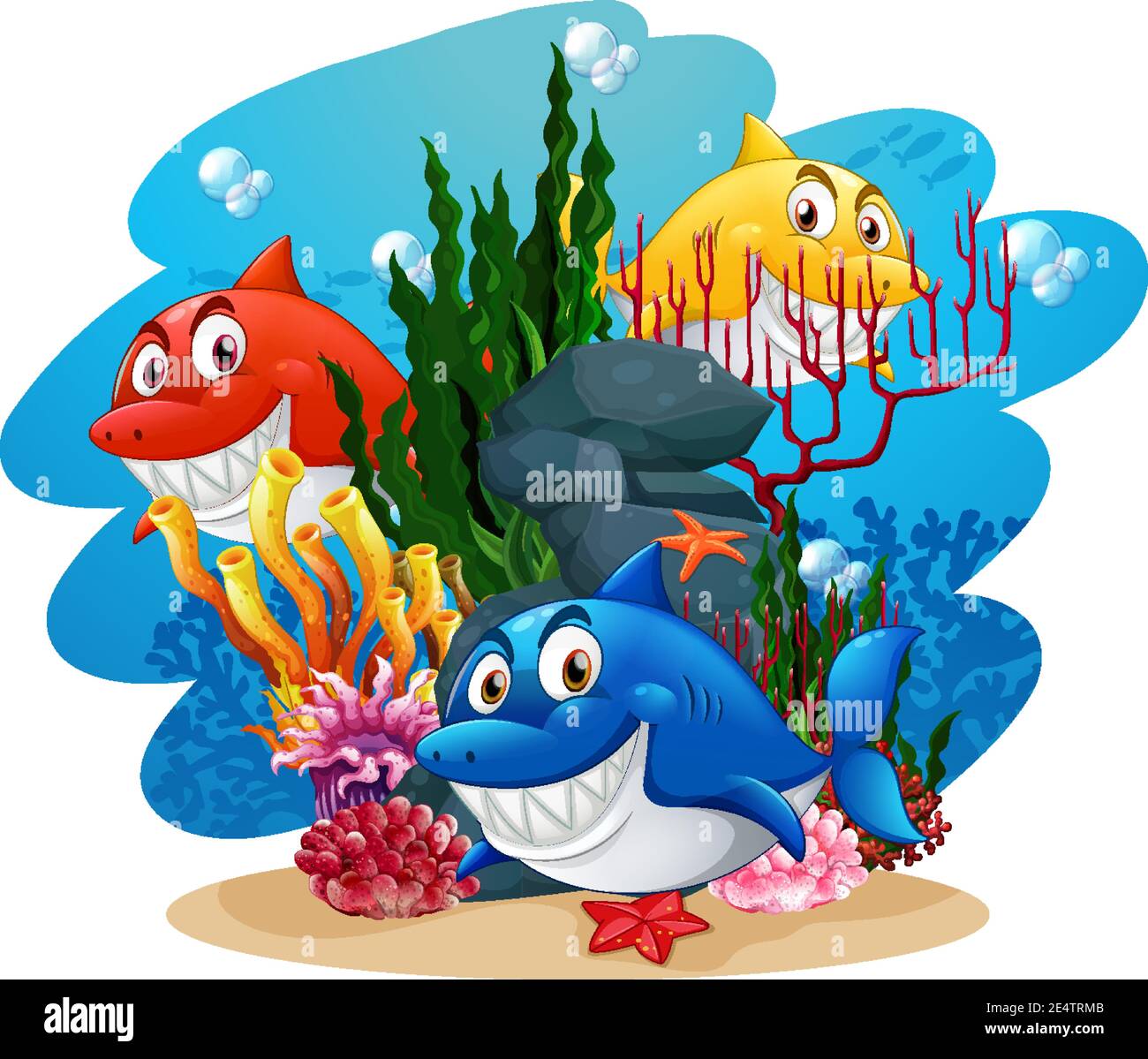 Many sharks cartoon character in the underwater background illustration ...
