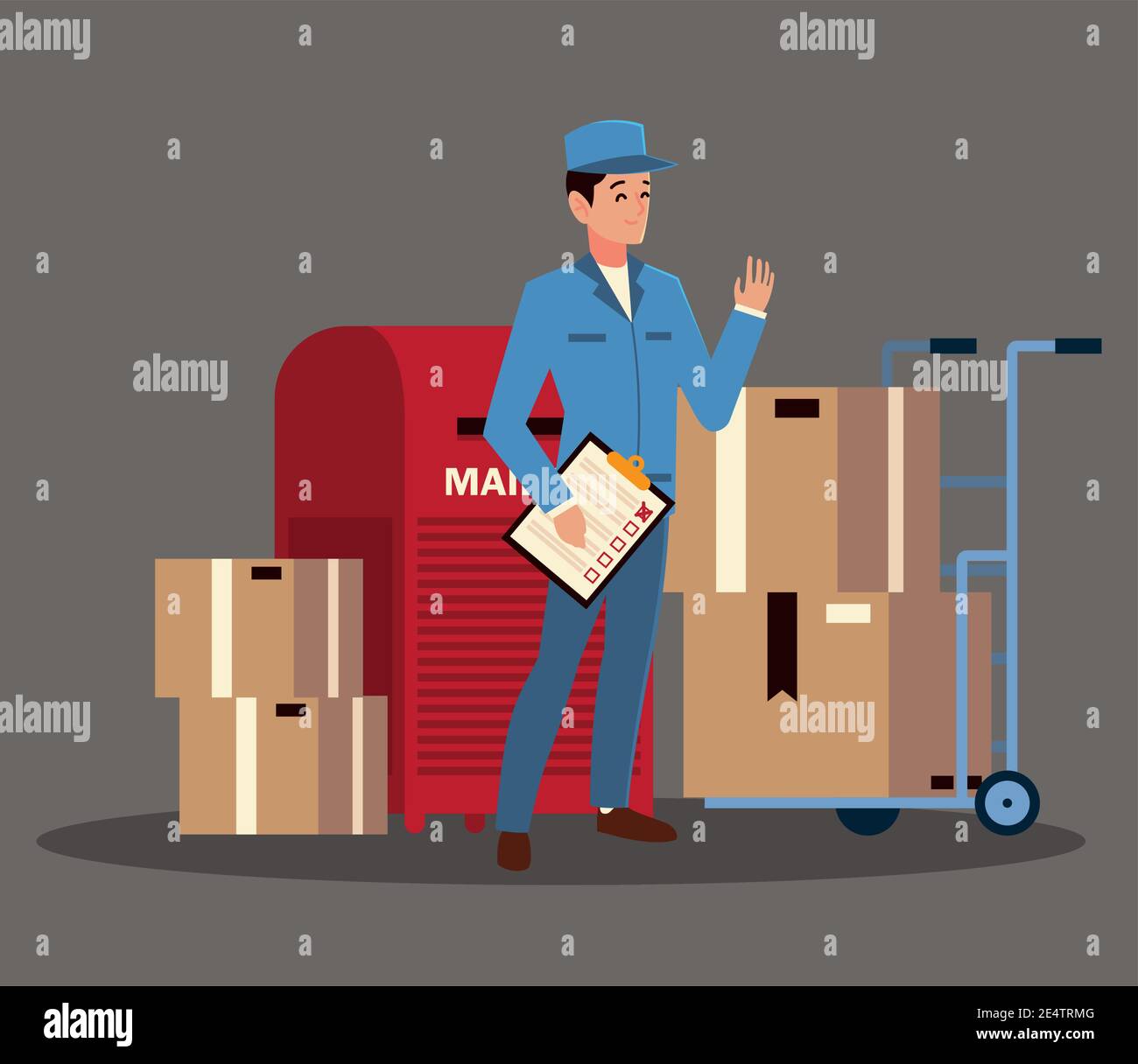 postal service male post worker with mailbox check list and boxes ...