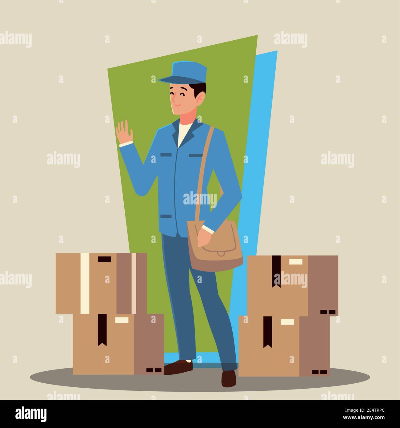 postal service postman character with bag and cardboard boxes vector ...