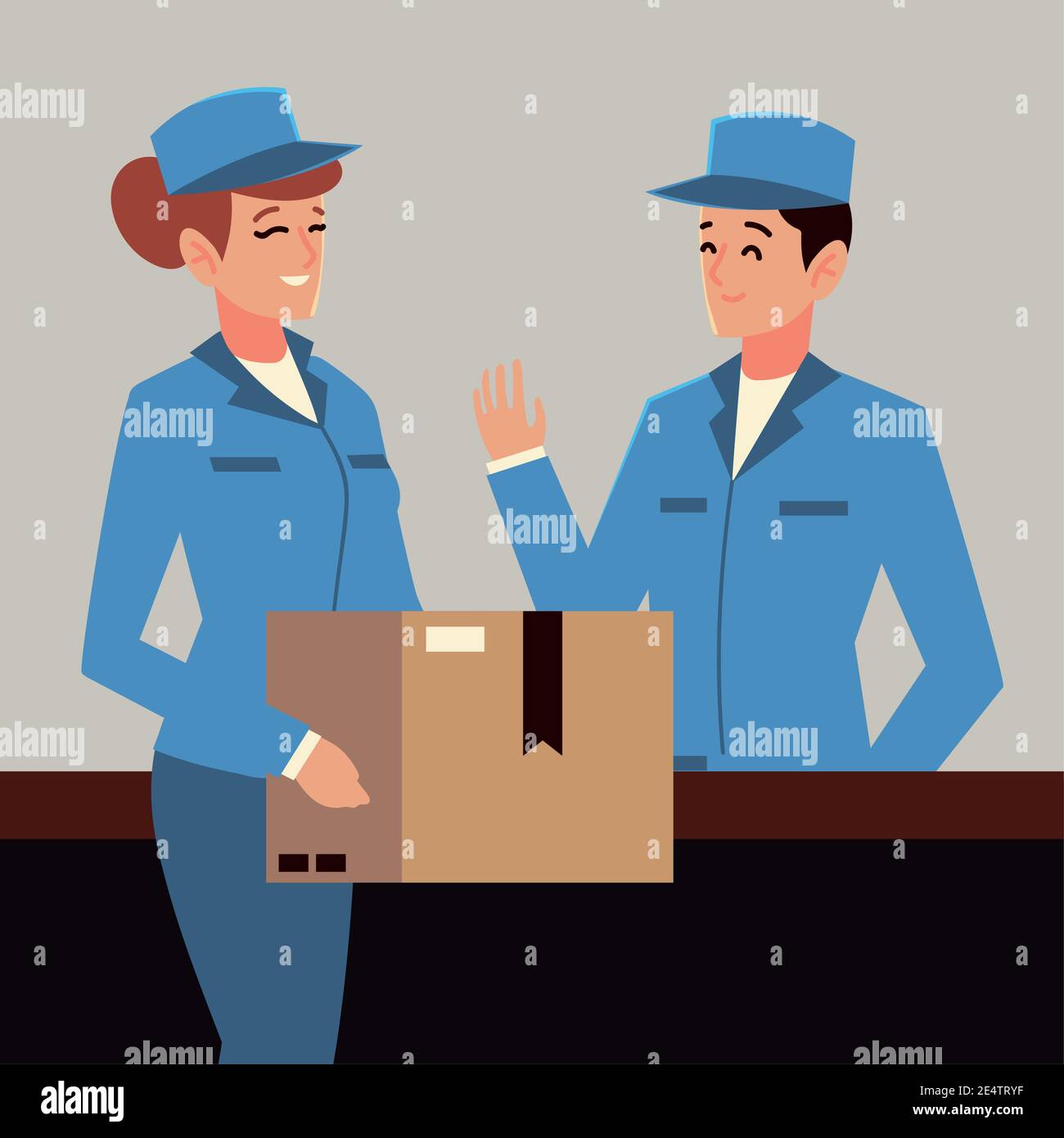 postal service postman and female worker with box characters vector ...
