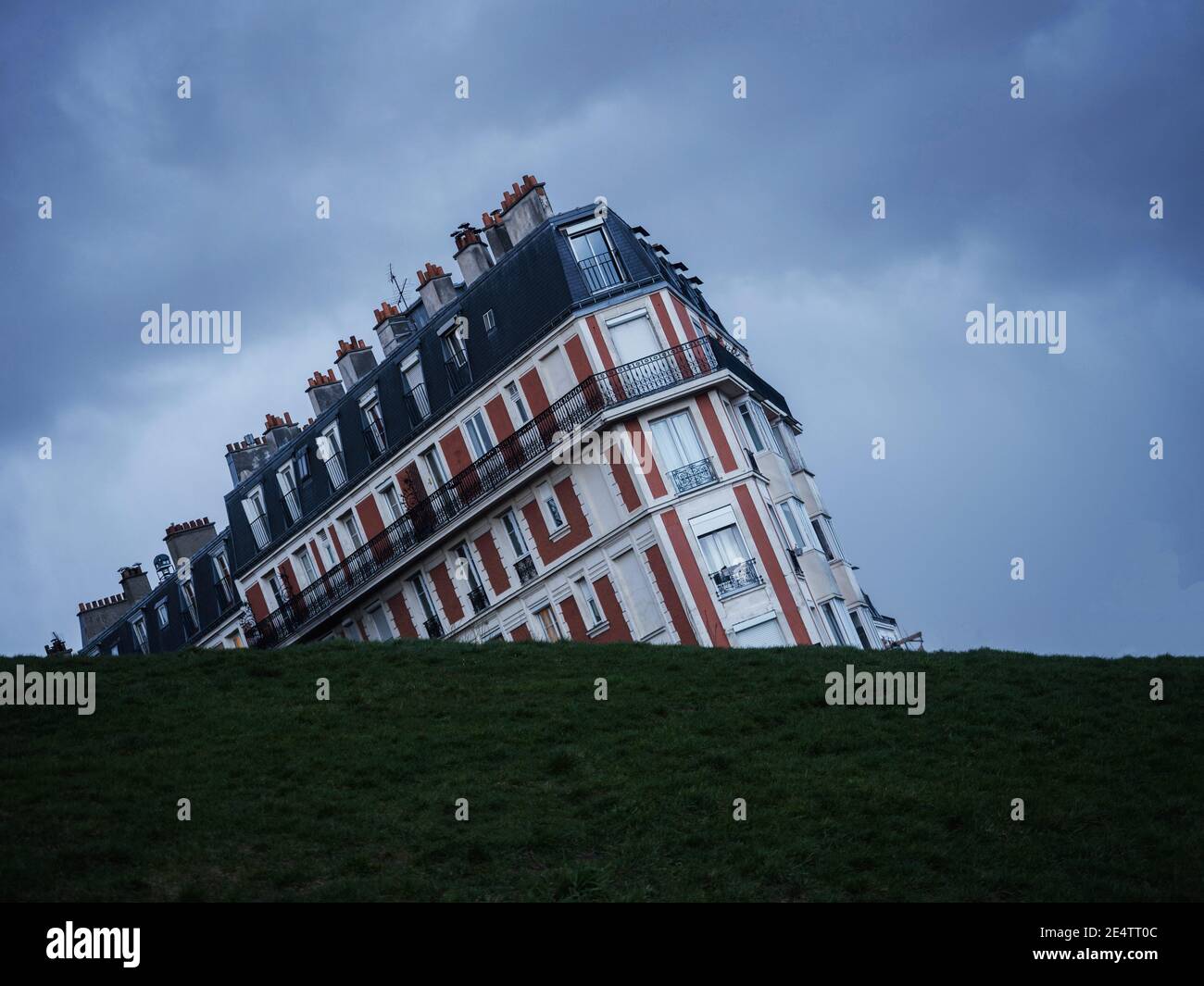 Panorama view optical illusion of historic old sinking house building ...