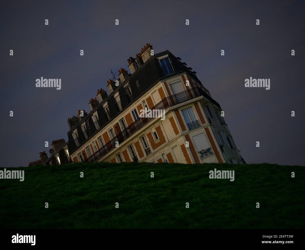 Panorama view optical illusion of historic old sinking house building ...