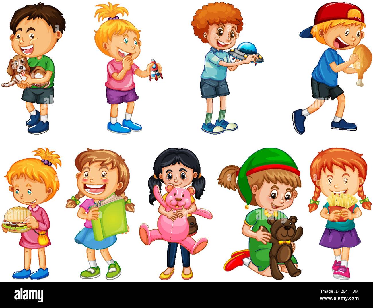 Set of different kid playing with their toys cartoon character isolated ...