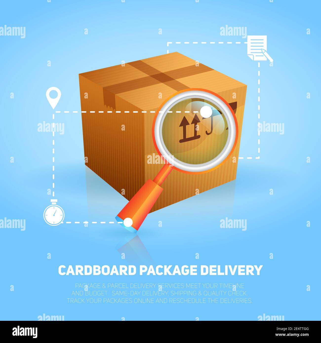 Logistic and delivery poster with cardboard box package and magnifier ...