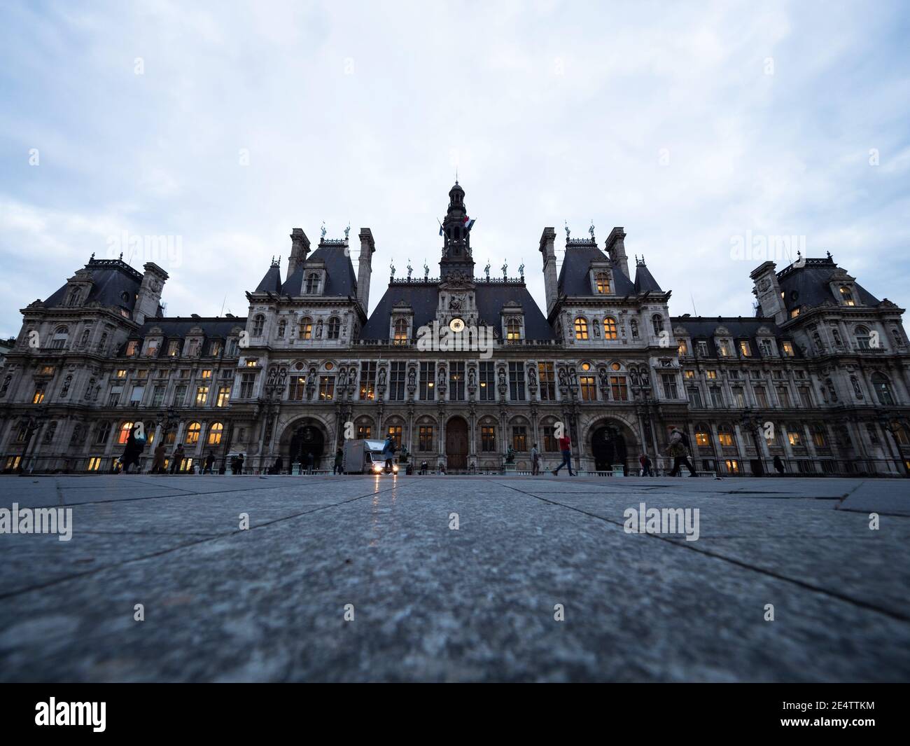 Exterior facade panorama view of Hotel de Ville Paris city town hall ...