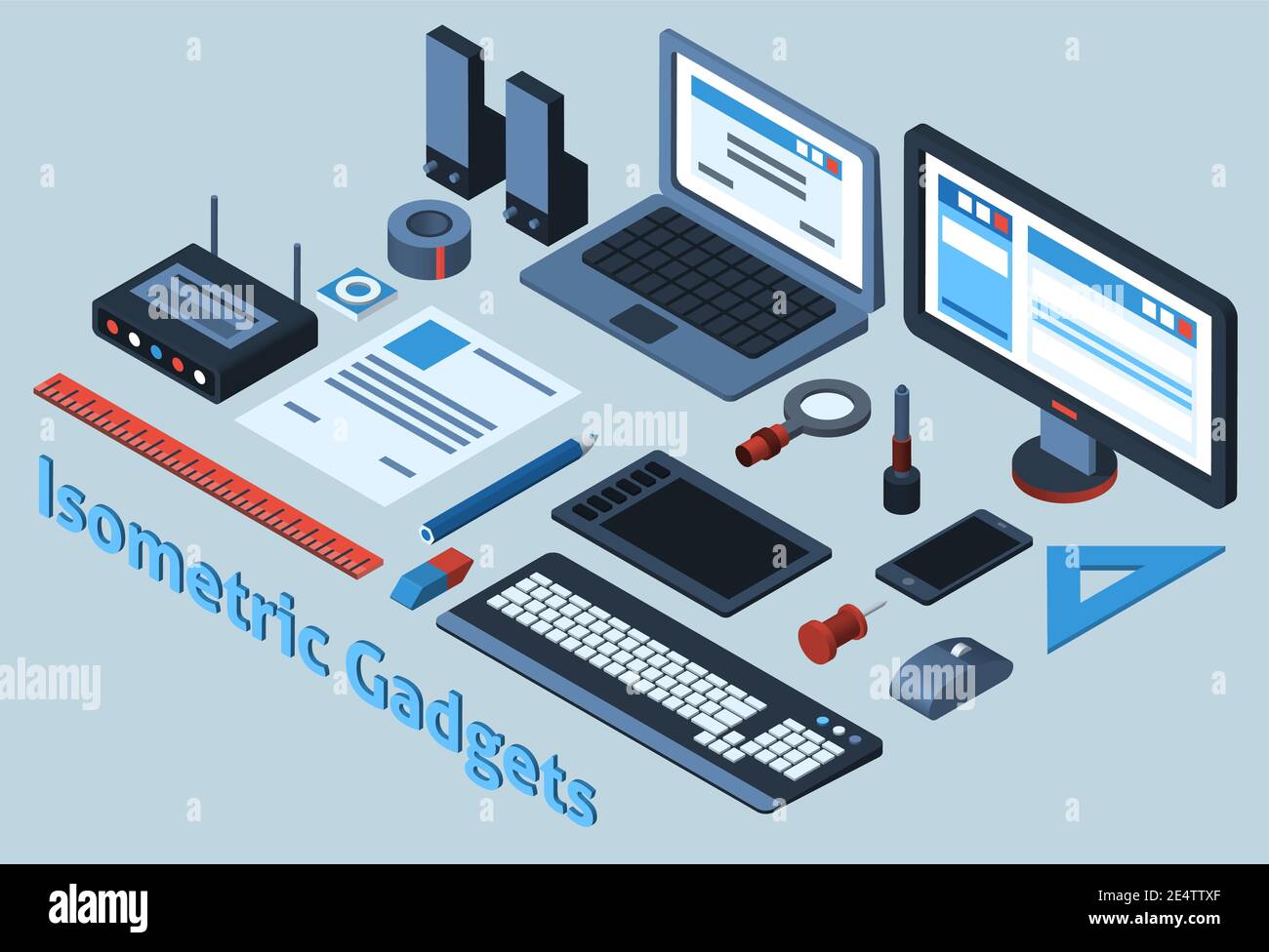Isometric mobile gadgets set with 3d stationery objects isolated vector ...