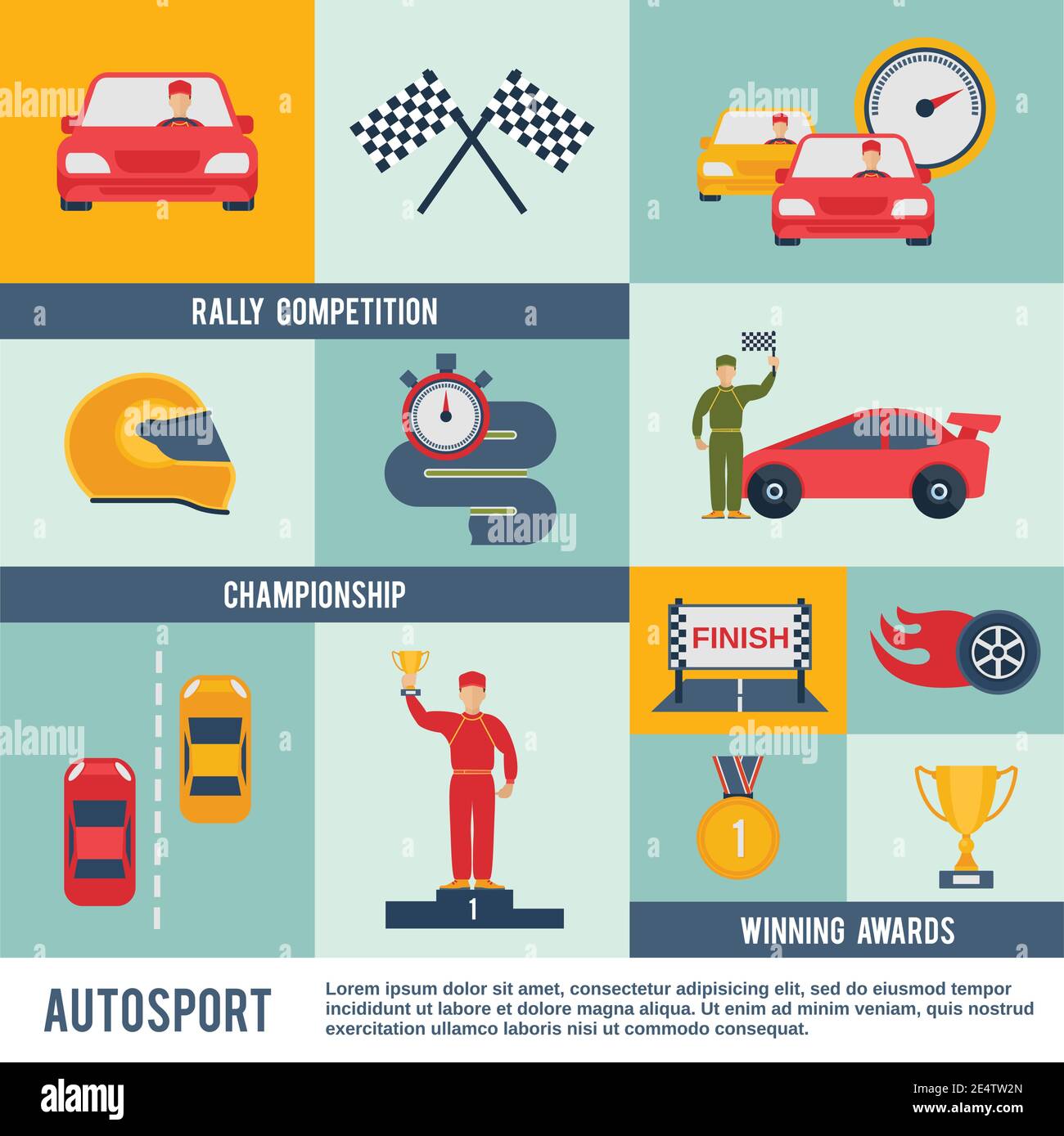 Auto sport flat icon set with rally competition championship winner ...