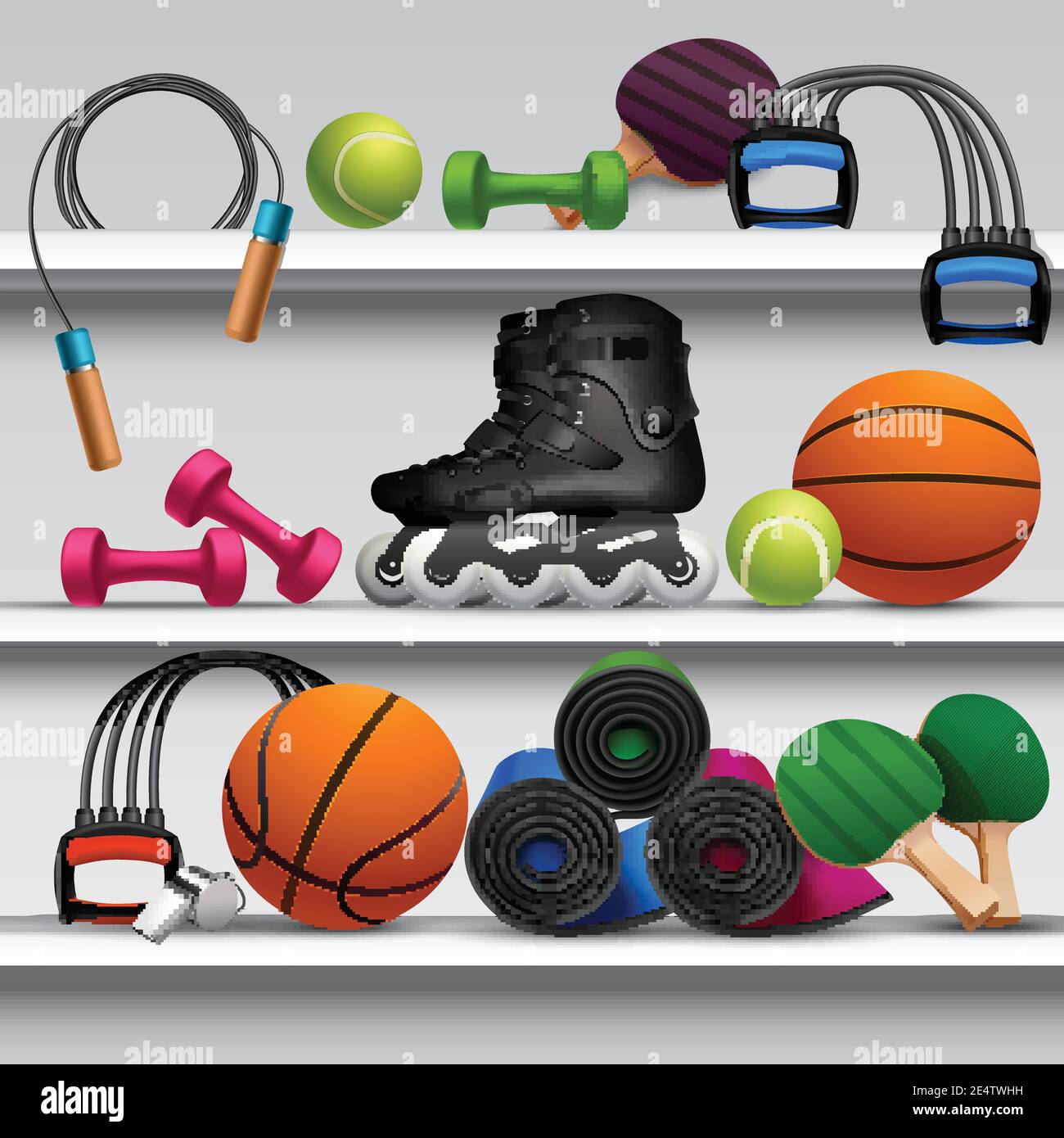 Sport store shelf with fitness equipment balls and rackets vector ...