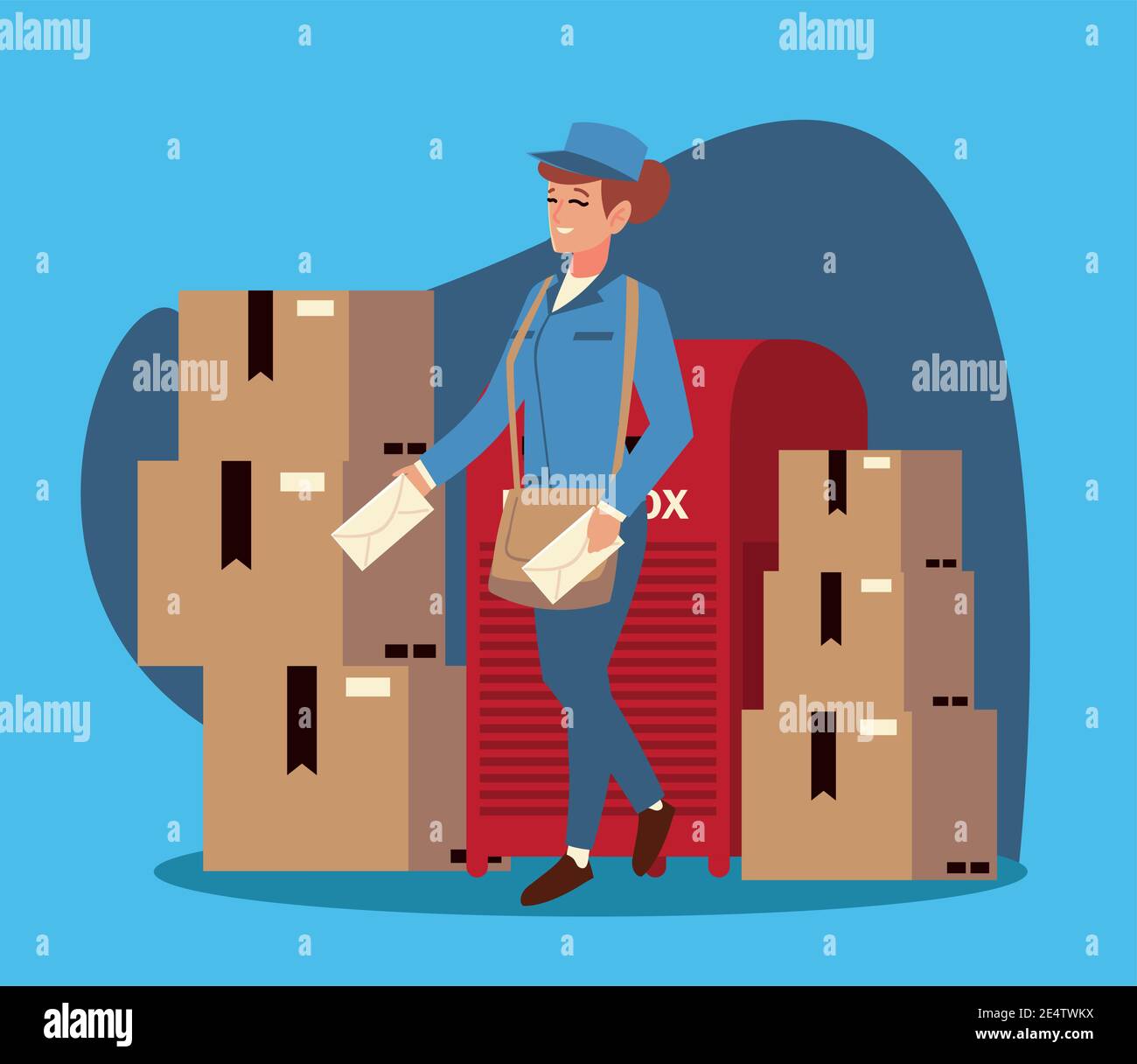 postal service female post worker with mailbox envelope and boxes ...