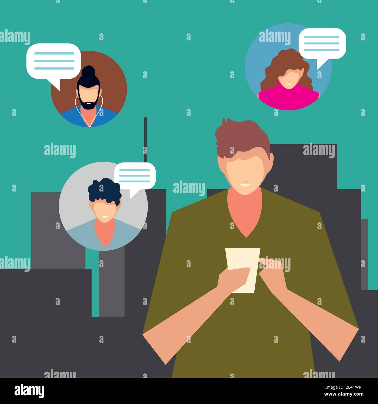 young man using smartphones chatting with friends, people and gadgets ...