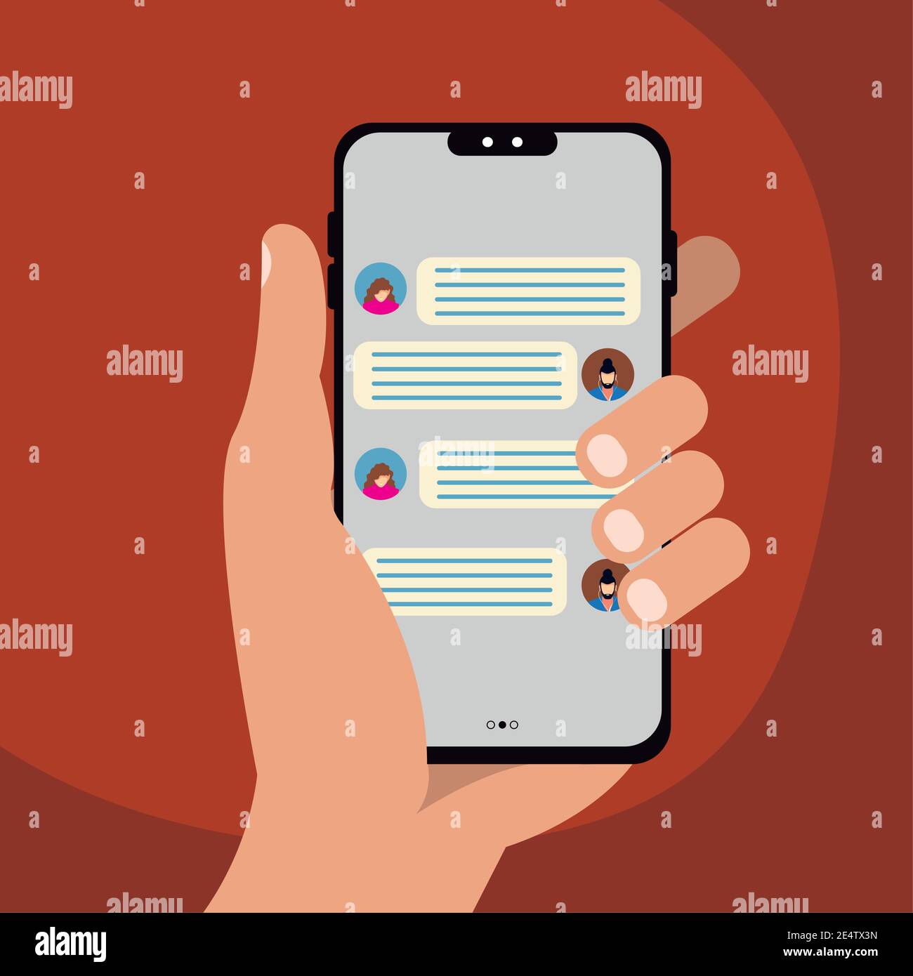 hand holding smartphone with chat bubbles on screen vector illustration ...