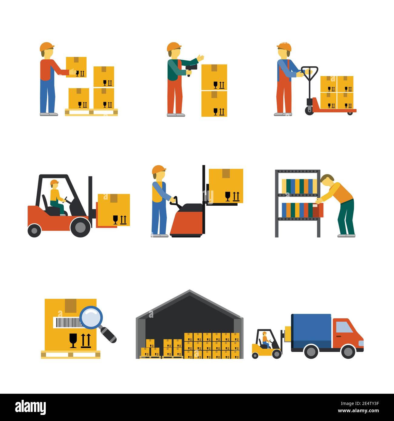Warehouse icon flat set with forklift cart service manager isolated ...