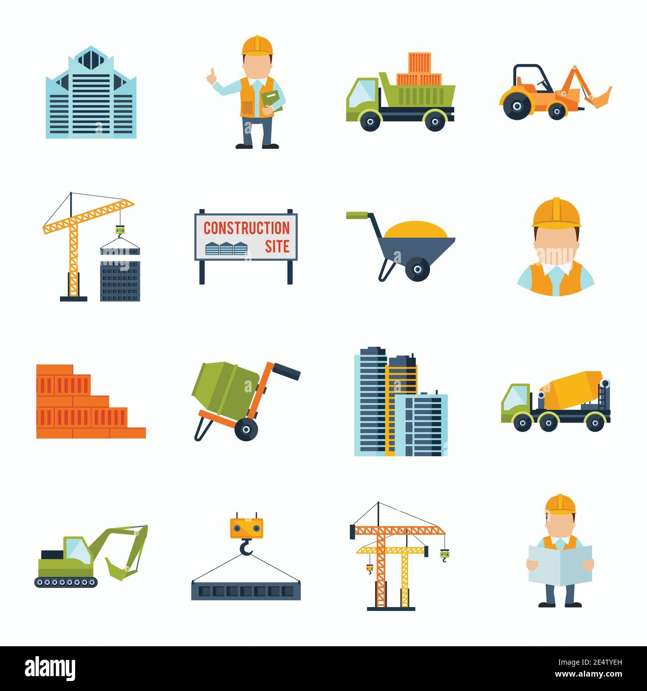 Construction worker building industrial tools icons flat set isolated ...