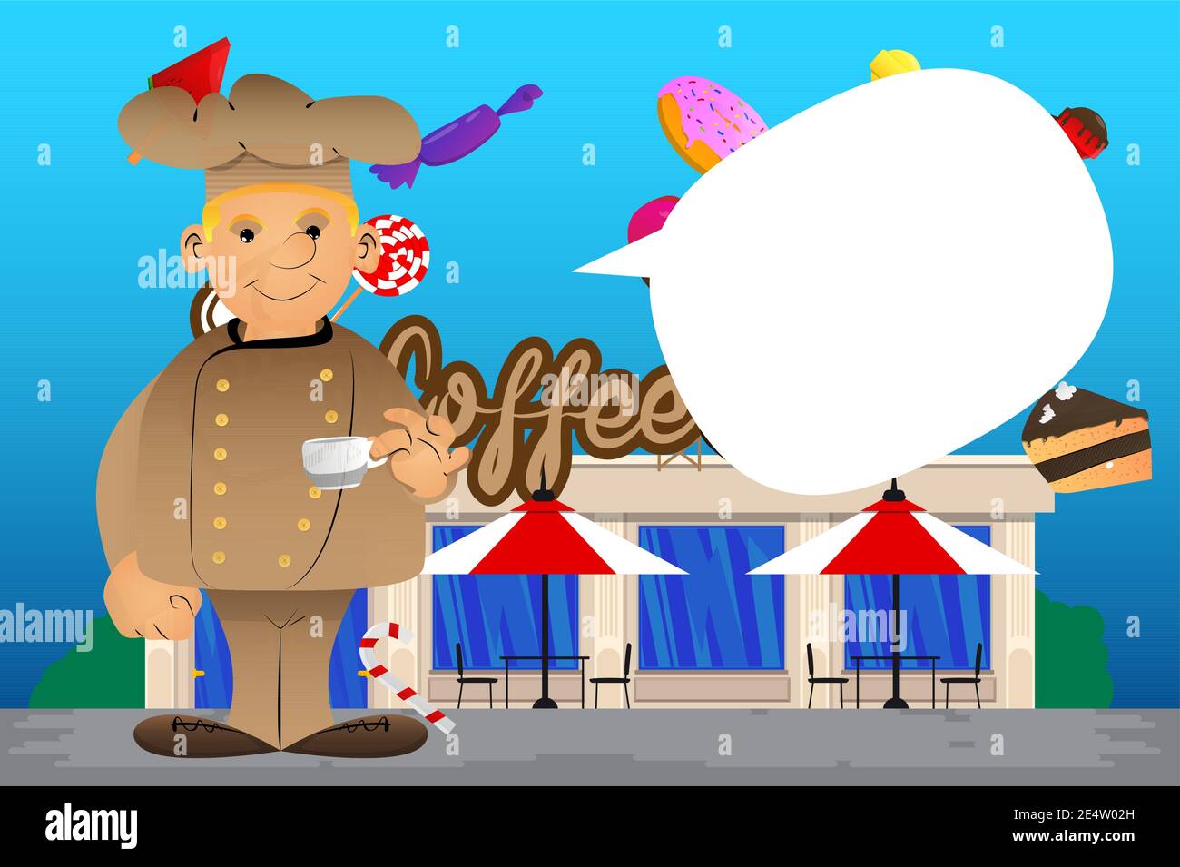 Fat male cartoon chef in uniform drinking coffee. Vector illustration ...