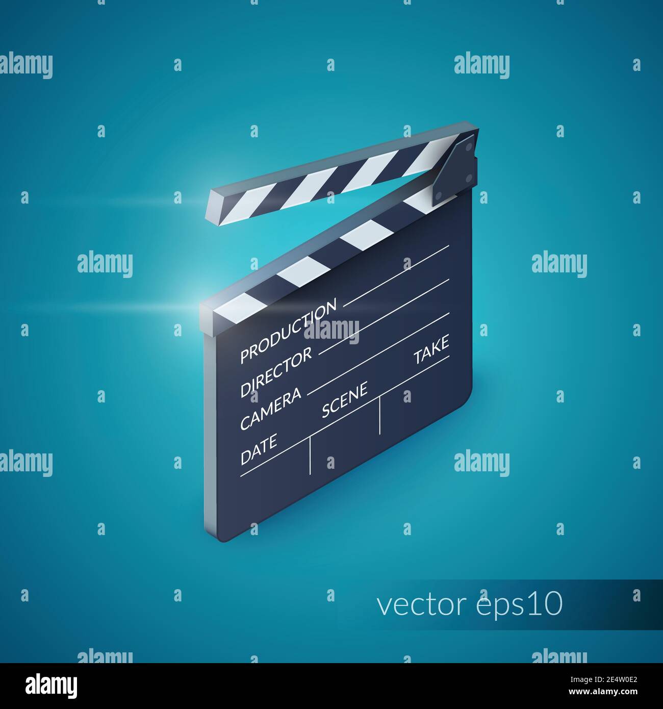 Clapperboard film production industry equipment isolated on blue ...