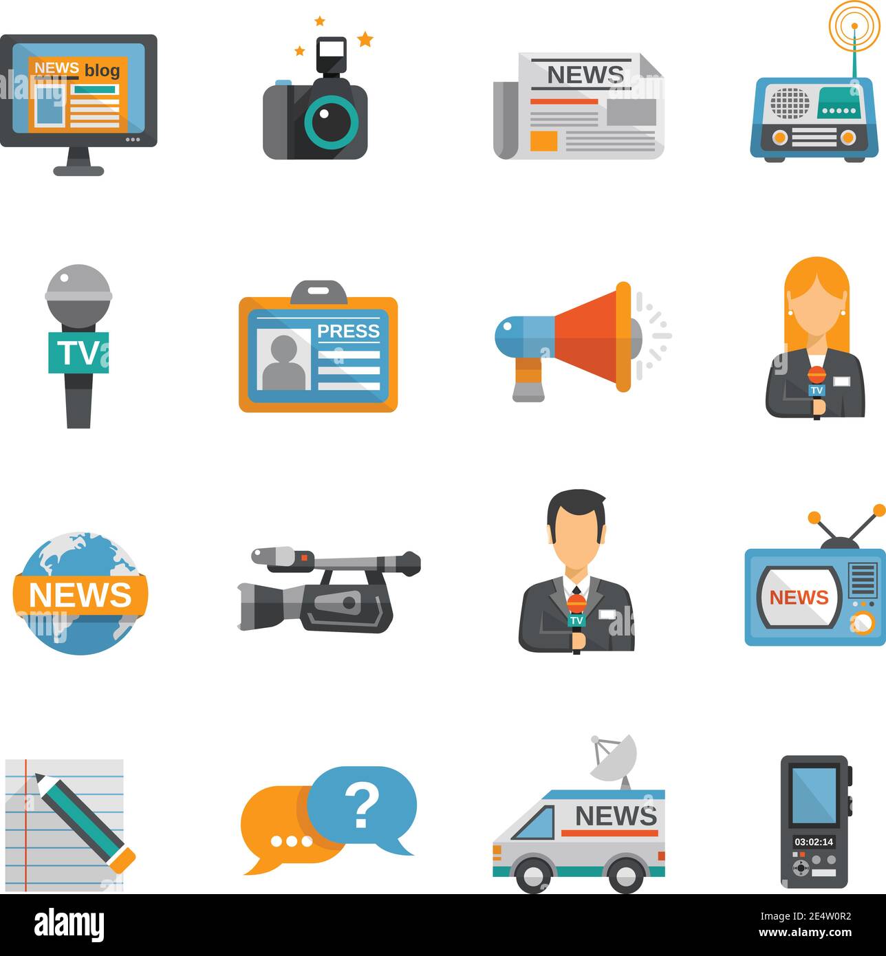 Journalist icon flat set with camera microphone tv van isolated vector ...