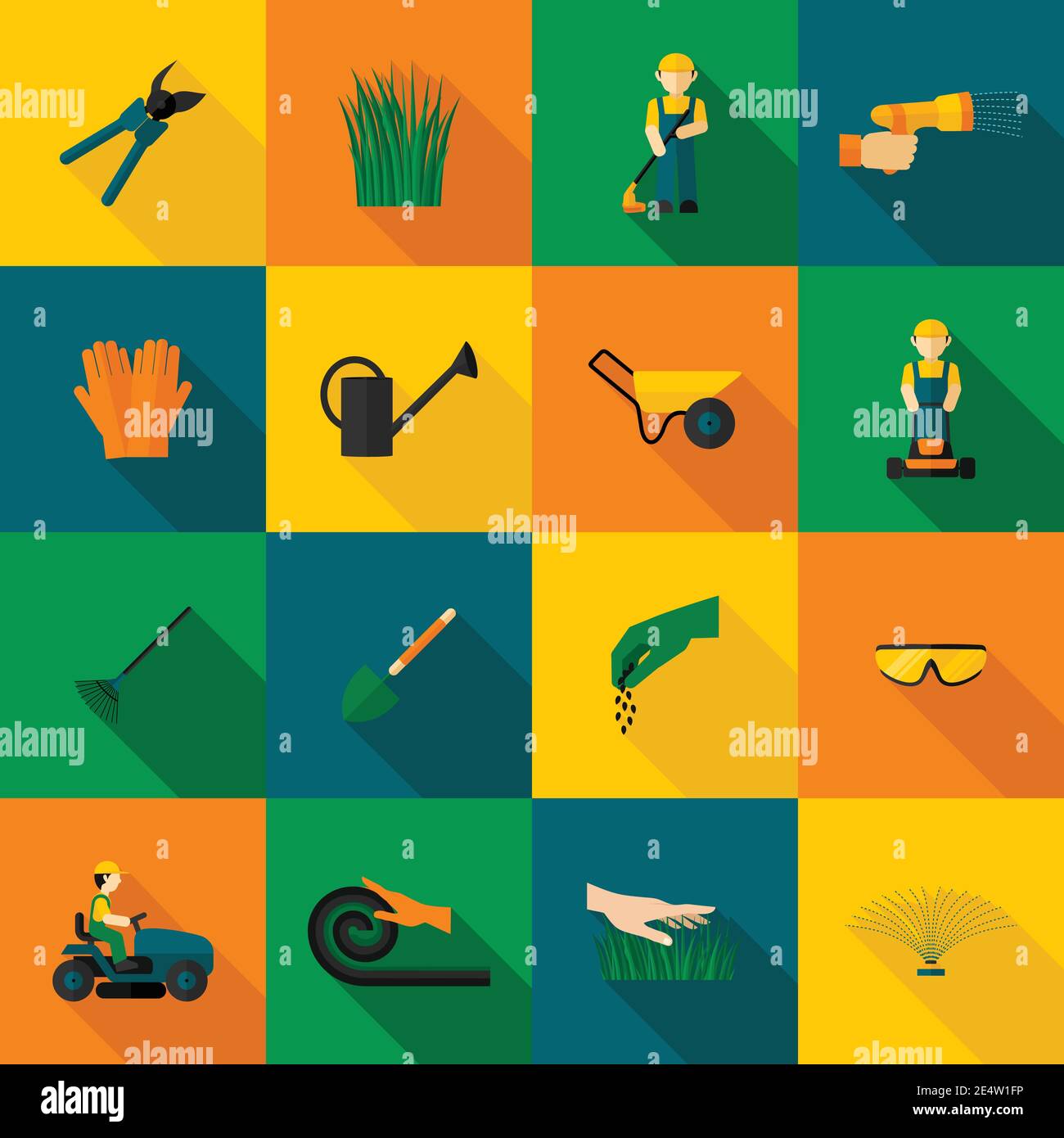 Lawn man icon flat with gardening equipment set isolated vector ...