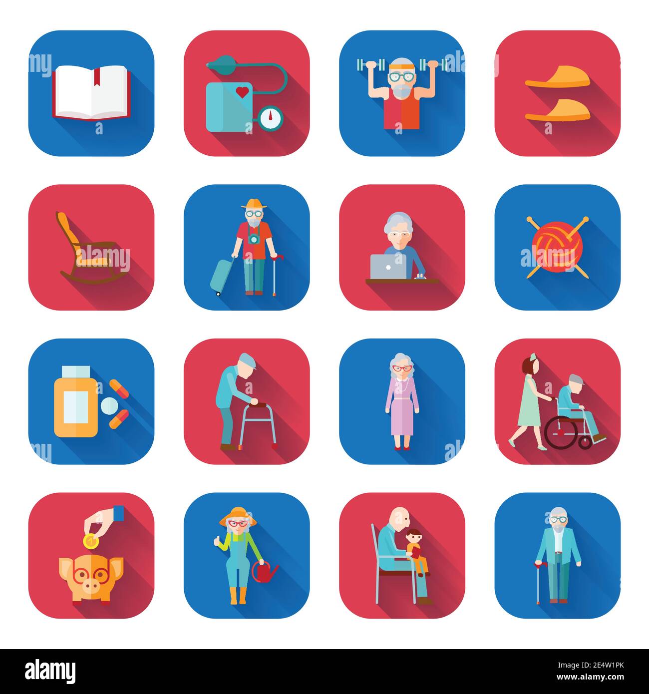 Senior lifestyle flat icons set with walker pills wheelchair isolated ...
