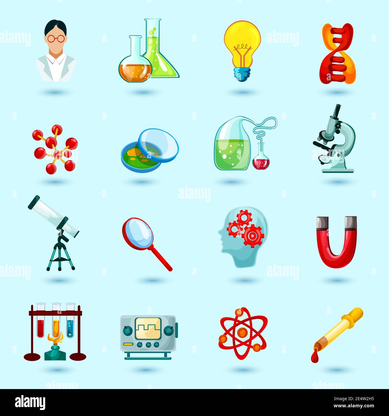 Science icons set with scientist laboratory flask lightbulb dna ...