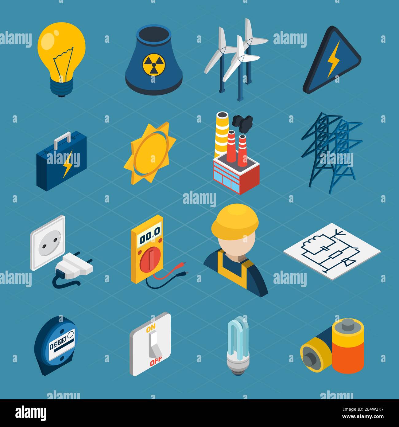 Electricity isometric icons set with lightbulb windmill electrician ...