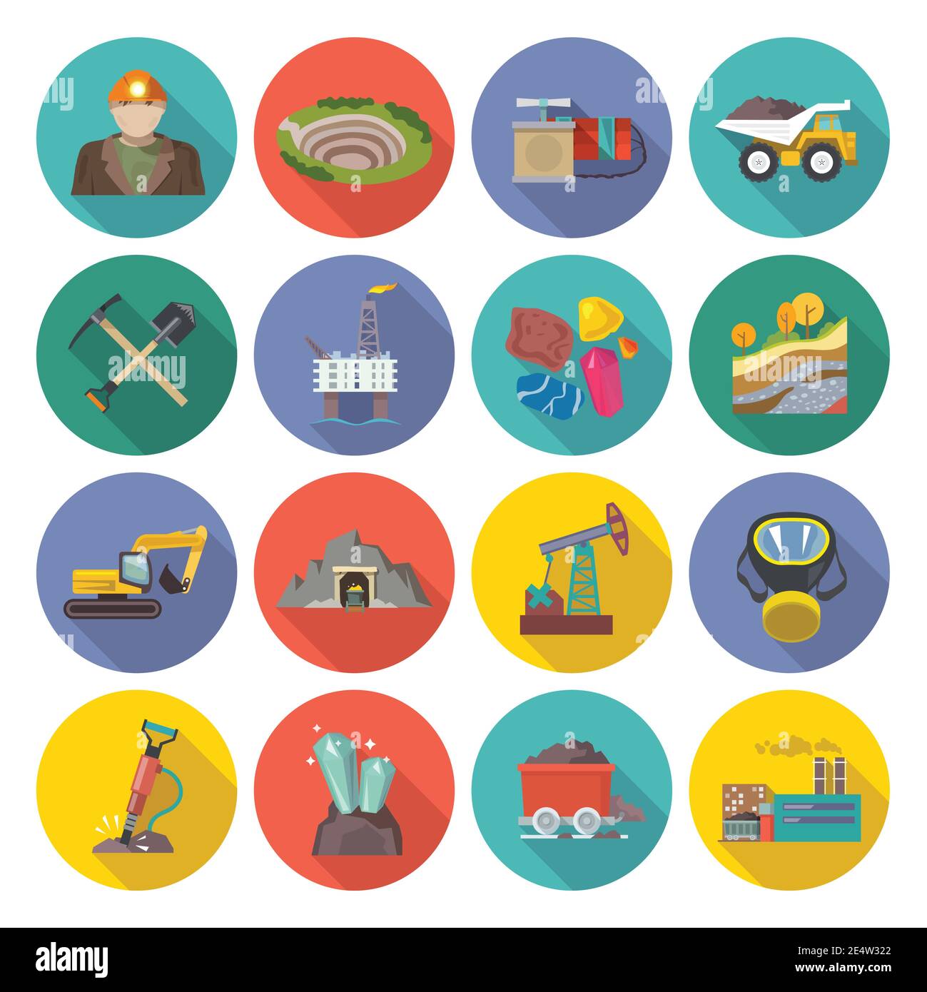 Mining icons flat set with miner hammer truck bulldozer isolated vector ...