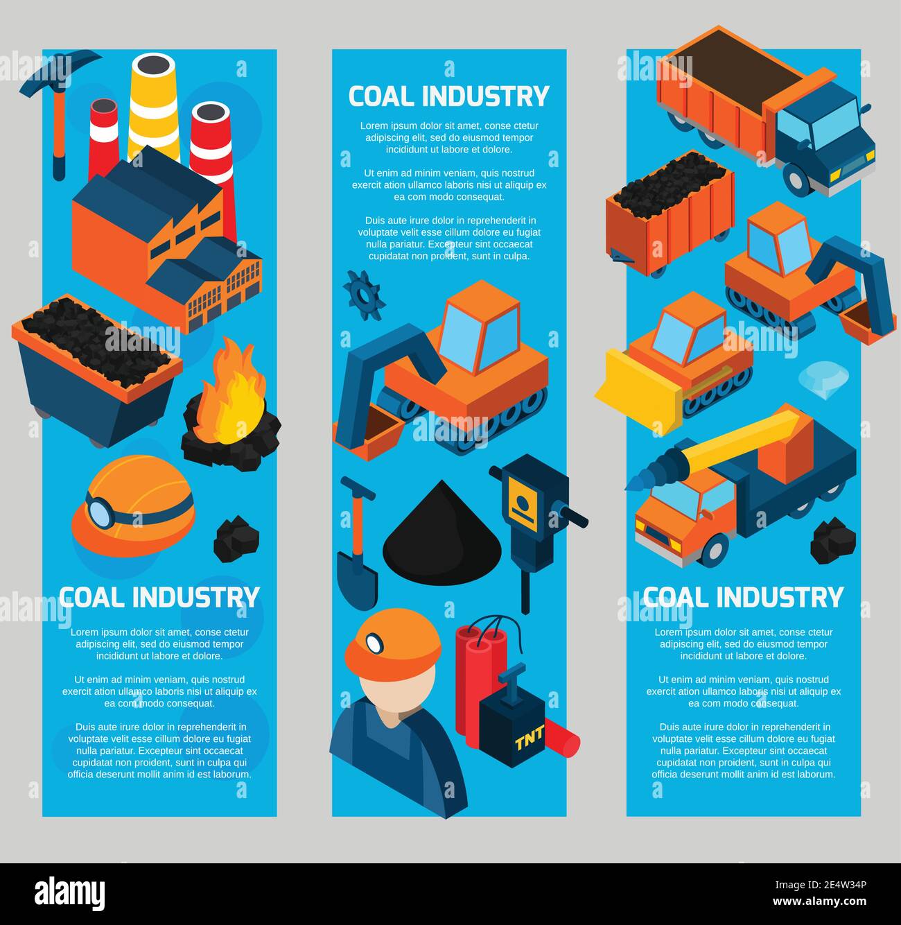Coal industry vertical banners set with machines worker transportation ...