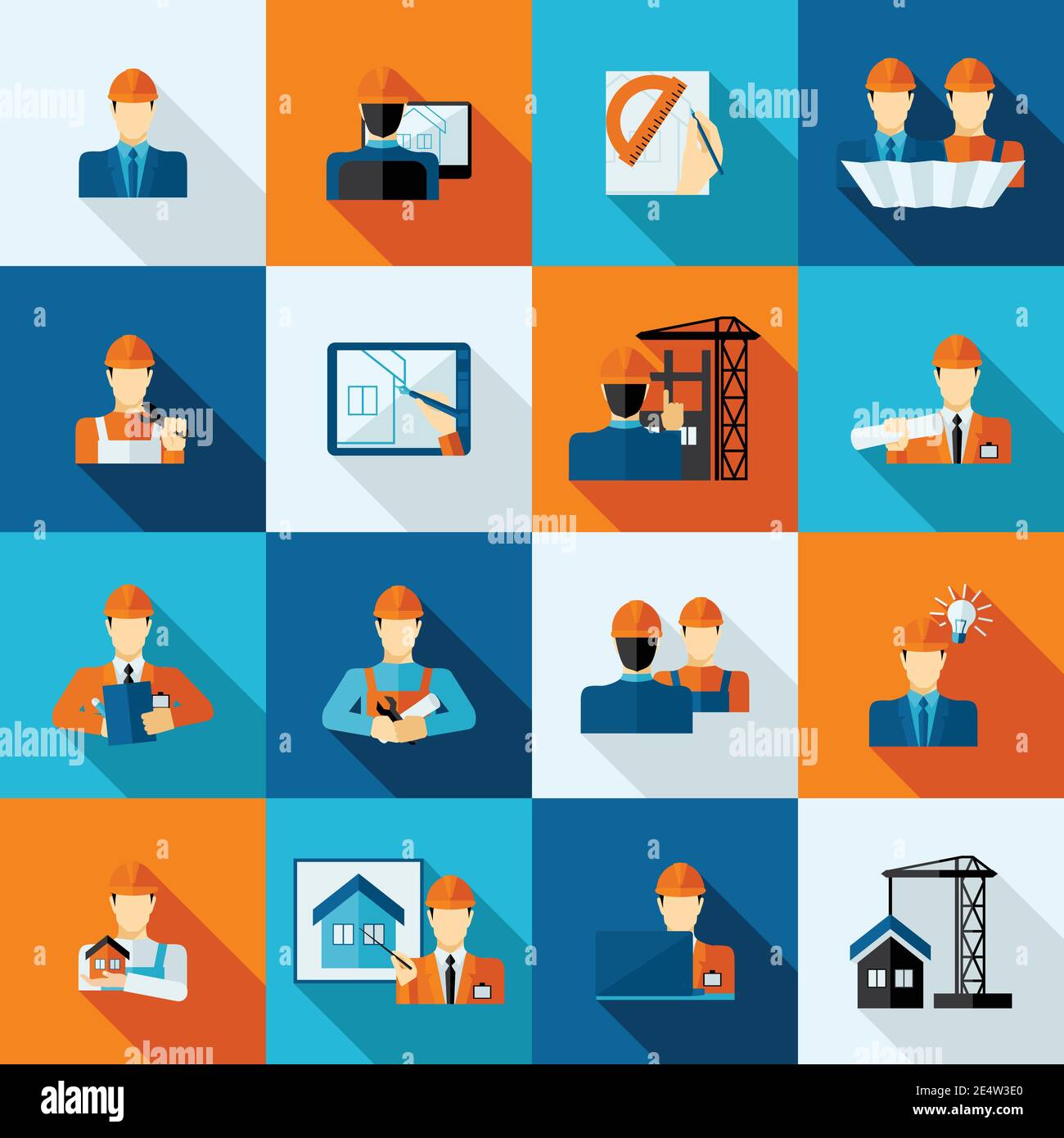 Engineers with tools drafts and equipment icons flat set isolated ...