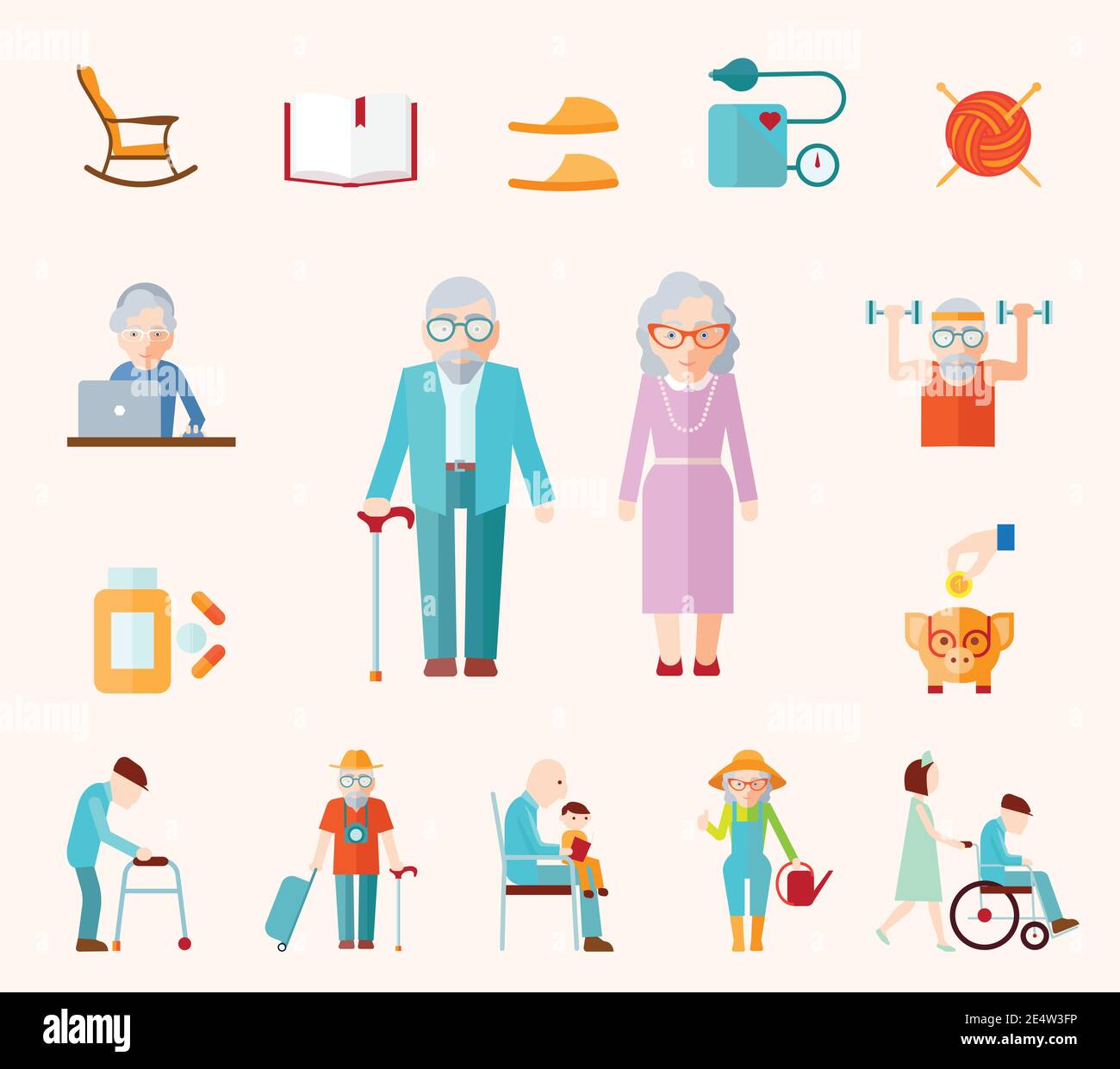 Senior lifestyle flat icons set with elderly family couple isolated ...