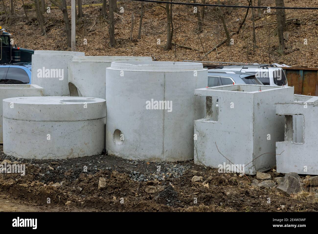 Concrete drainage pipe on a construction stacked sewage on concrete ...