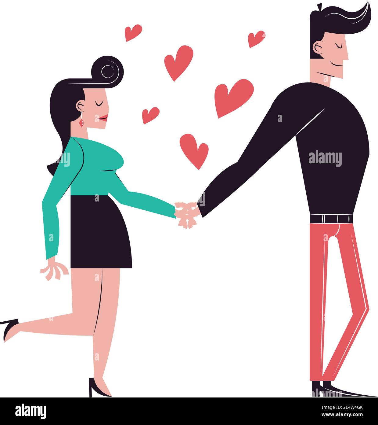 Romantic couple holding hands with hearts design, Relationship love and ...