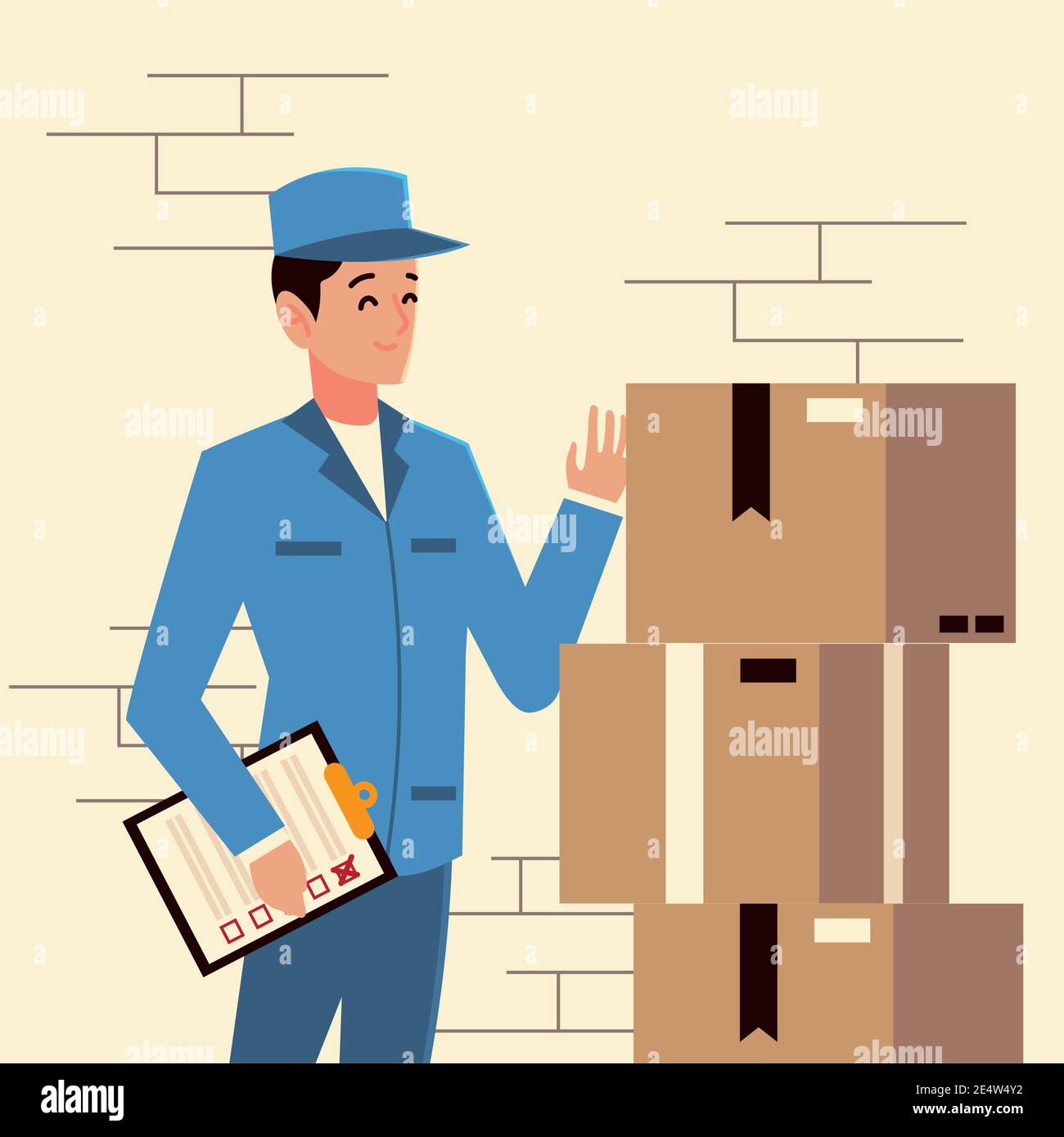 postal service postman character with check list and stack of boxes ...