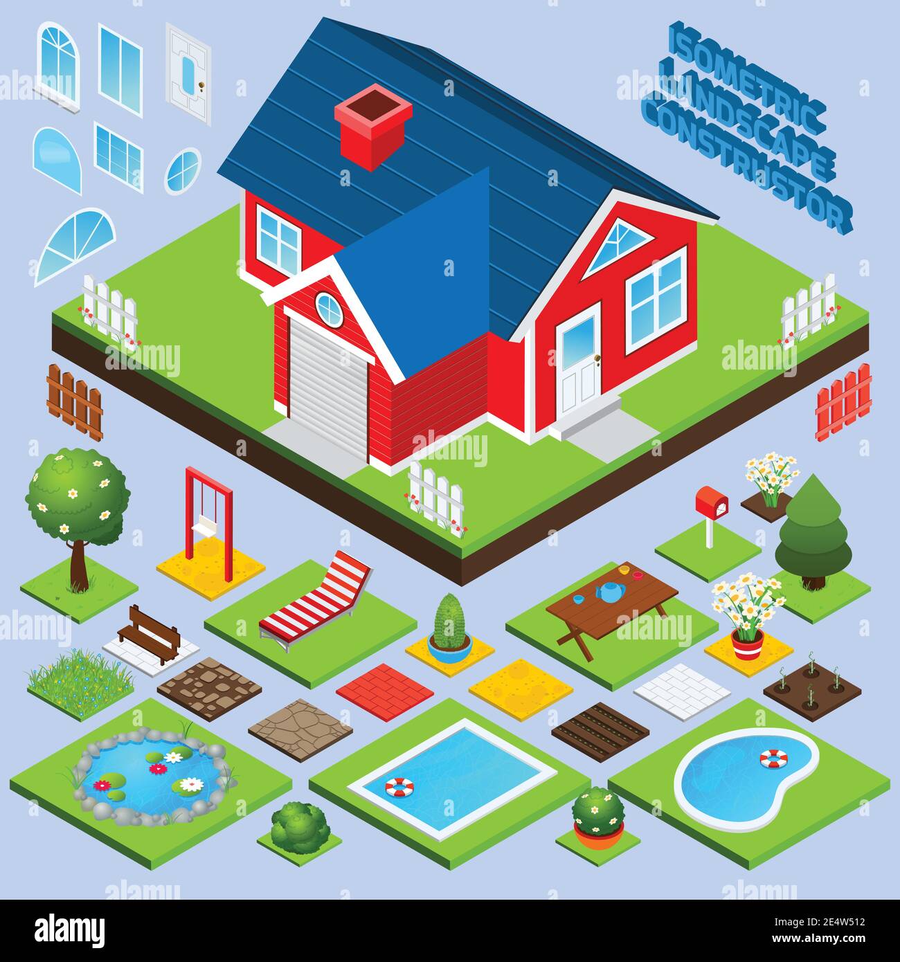Landscape design isometric with building elements swimming pool trees ...