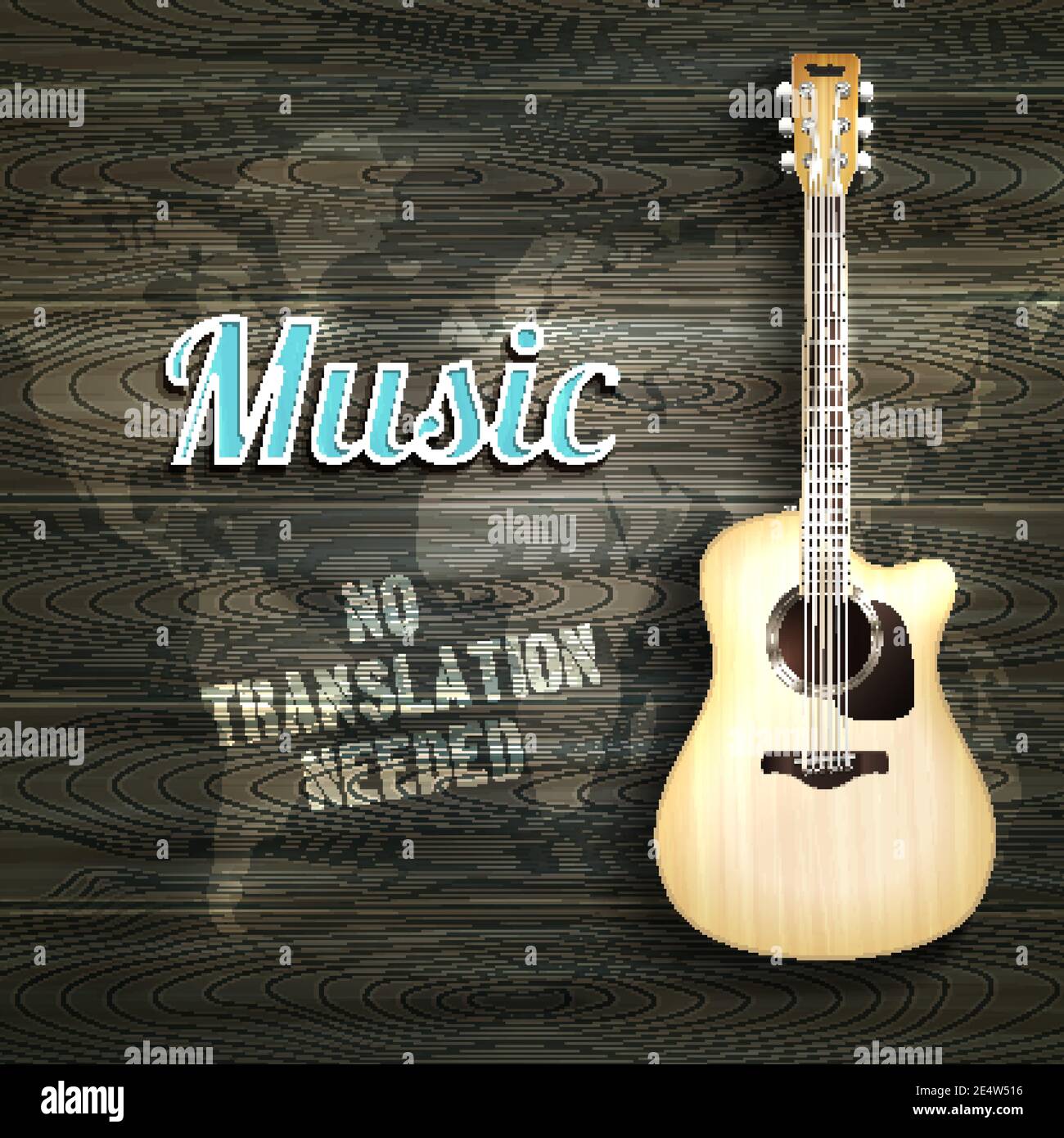 Realistic acoustic guitar on wooden background with world map vector ...