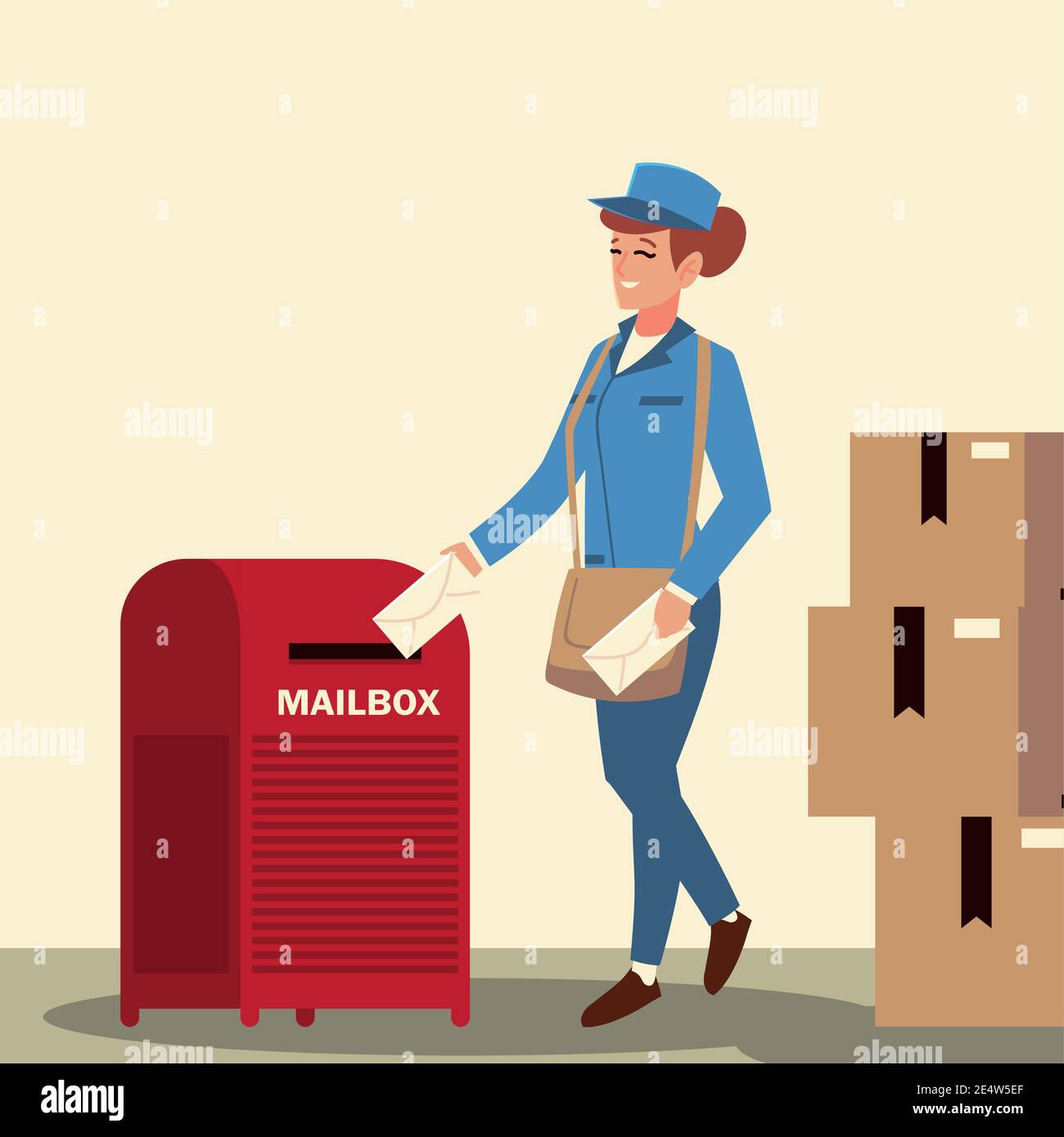 postal service female worker with envelopes mailbox and cardboard boxes ...