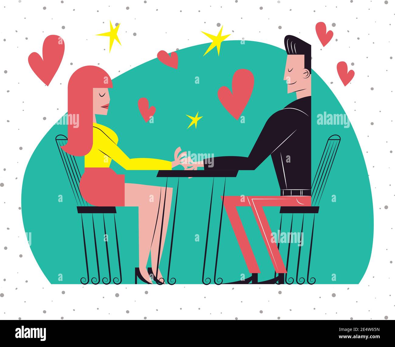 Romantic couple cartoons at restaurant table with hearts design ...