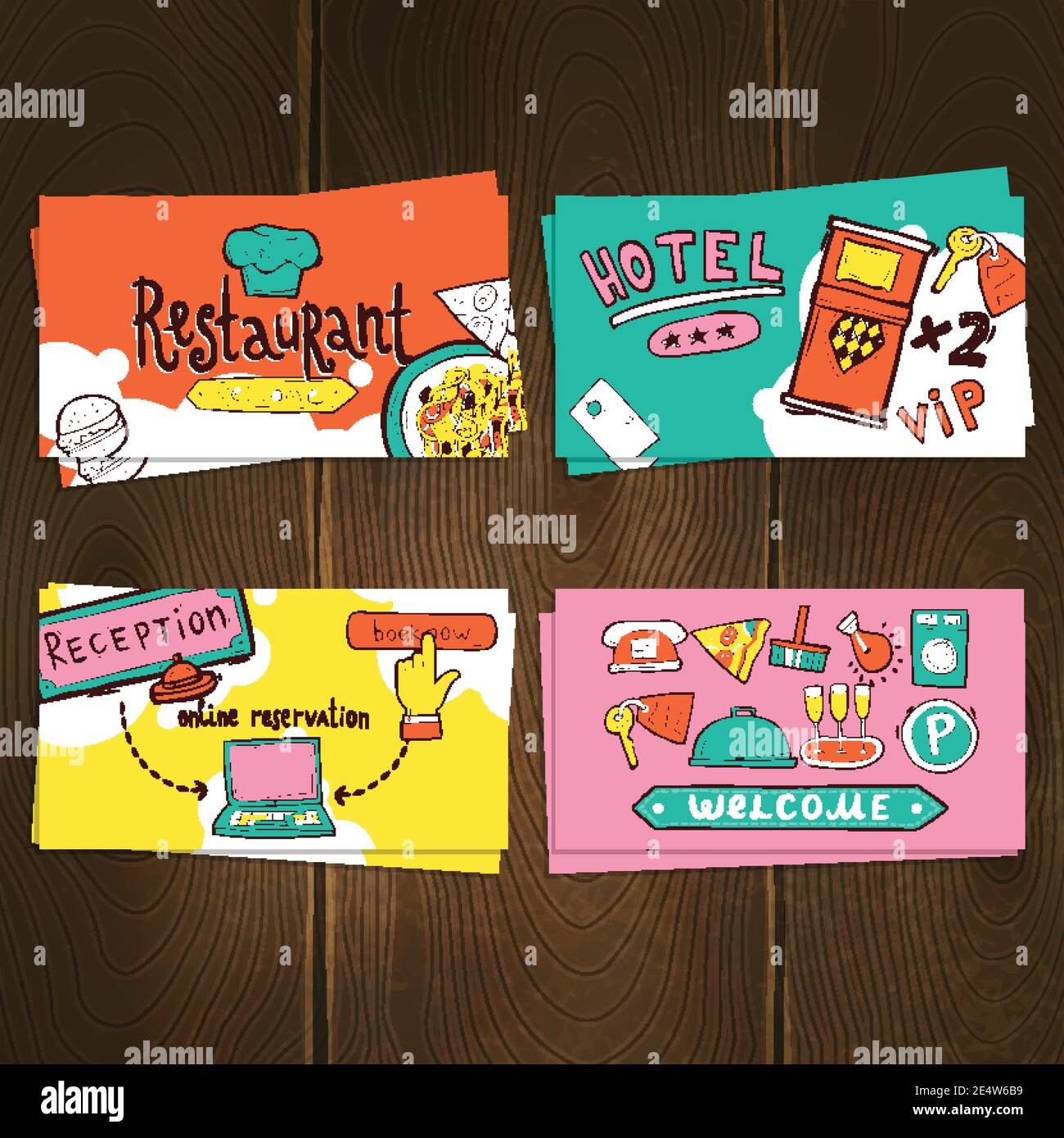 Hotel reservation restaurant room services business cards set hand ...