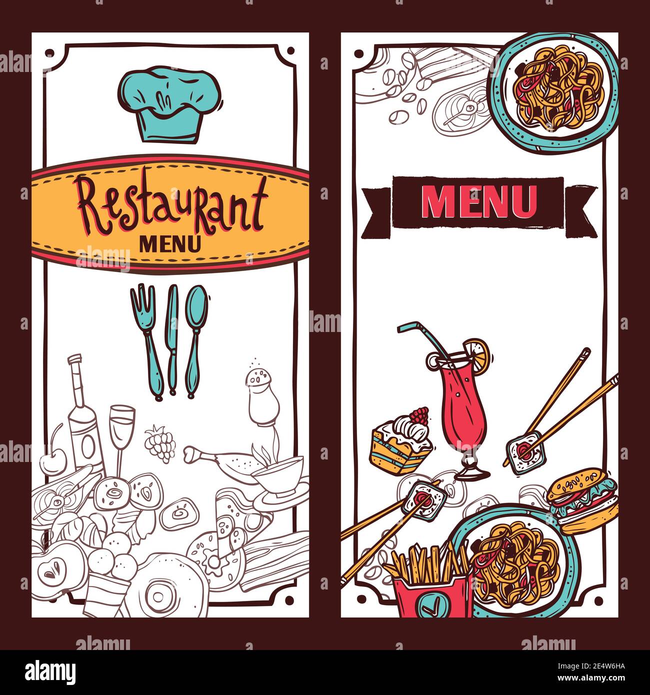 Fast food restaurant menu symbols with sushi and spaghetti vertical ...