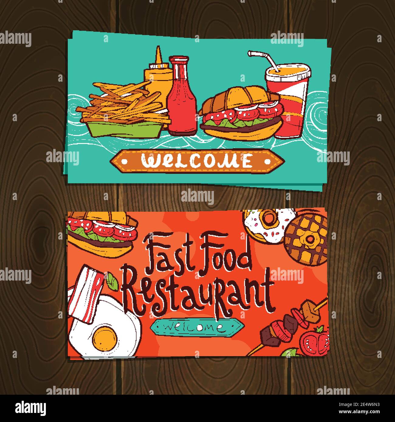 Fast food restaurant sketch flyer cards set isolated on wooden ...