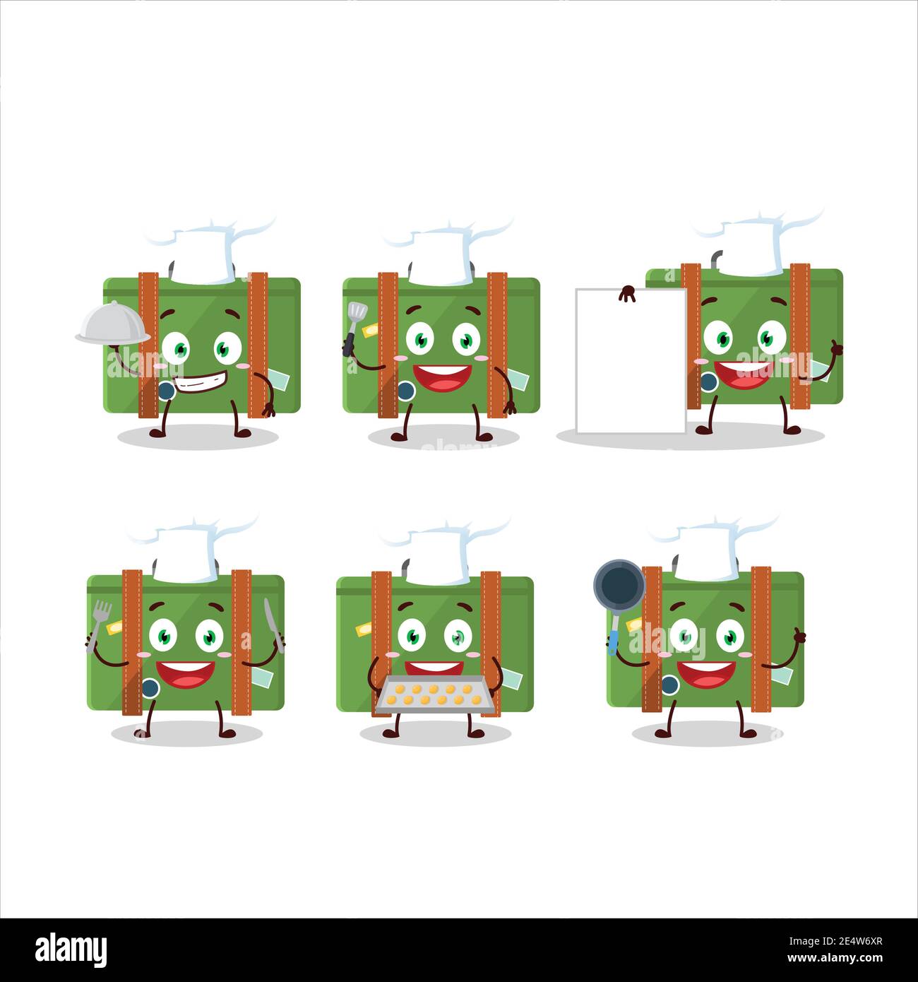 Cartoon character of traveling suitcase with various chef emoticons ...
