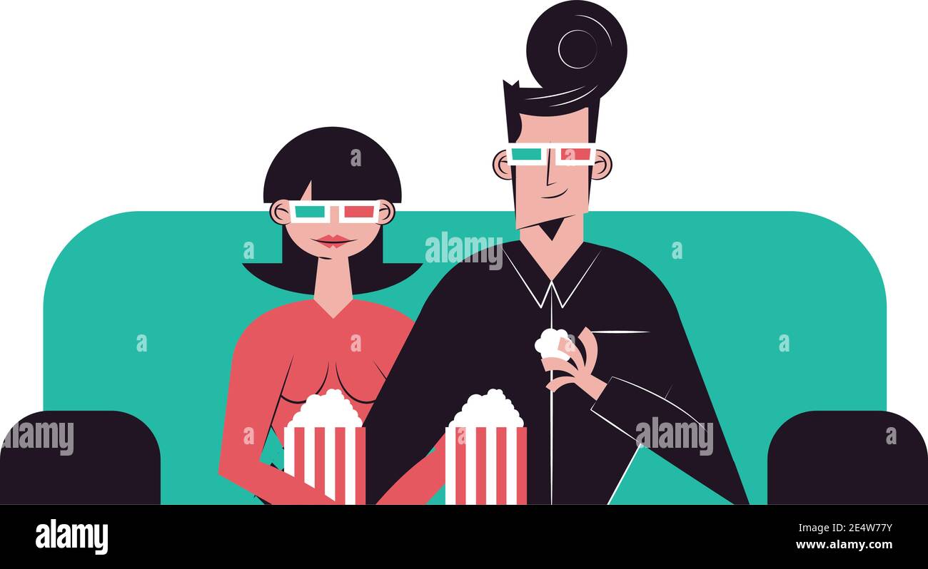 Romantic couple cartoons seeing 3d movie with glasses and popcorns ...